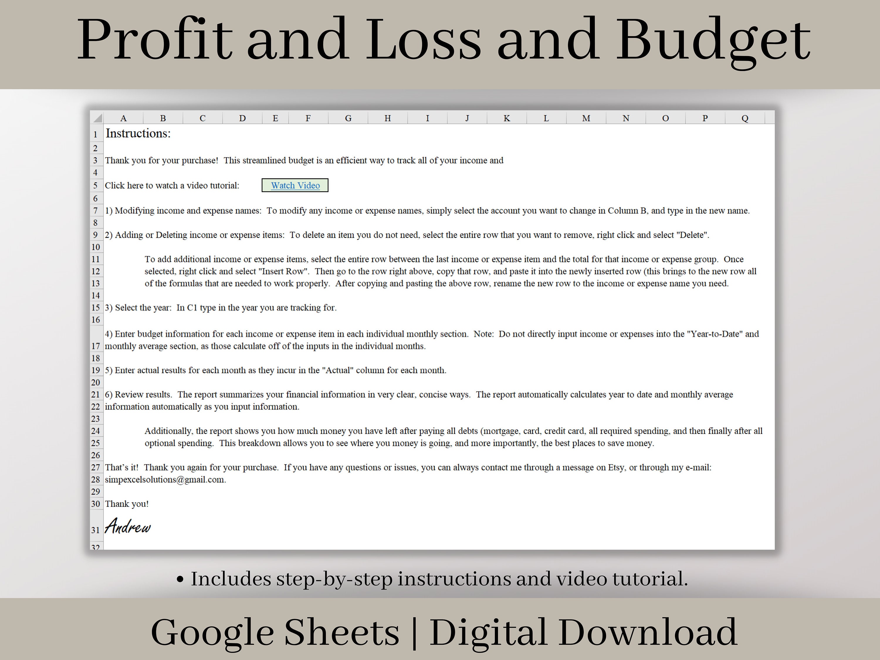 Profit and Loss and Monthly Budget Spreadsheet. Google Sheets. Track ...