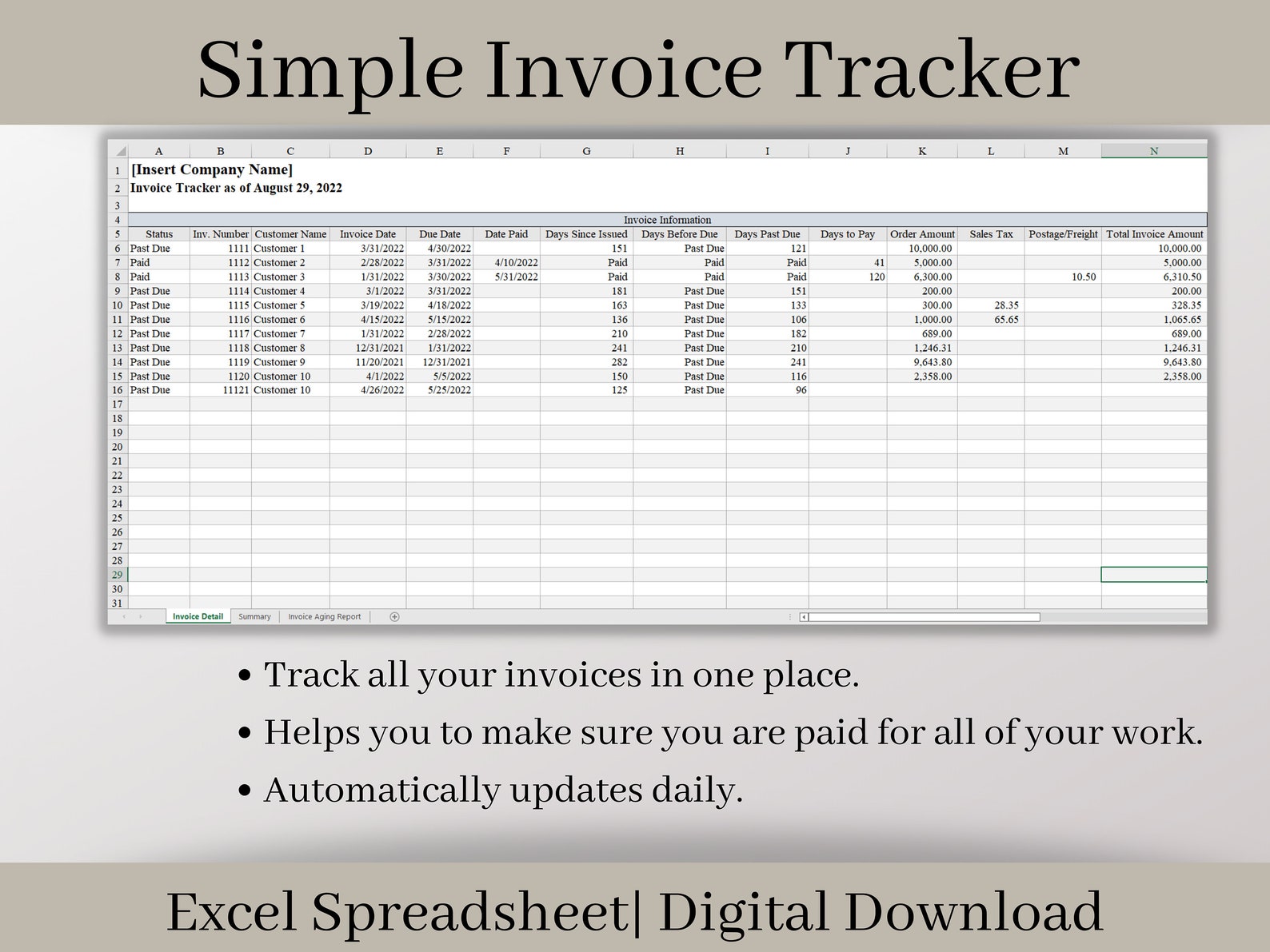 Small Business Invoice Tracker Spreadsheet, Excel Template, Easily ...