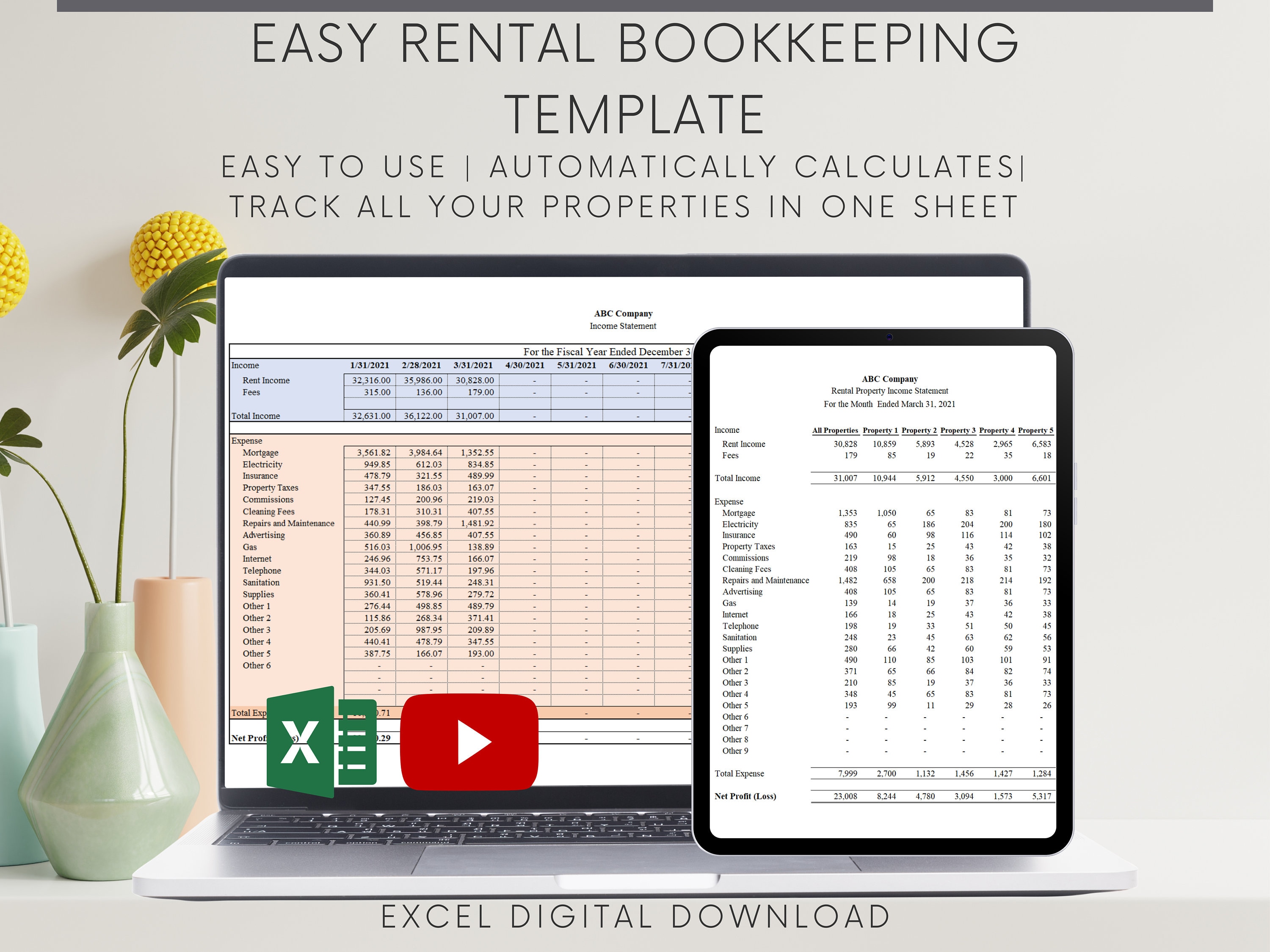Rental Property Income Statement Excel Template: Landlord Profit & Loss ...