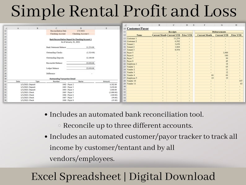 Rental Income Statement Spreadsheet and Bank Reconciliation Tool, Excel ...