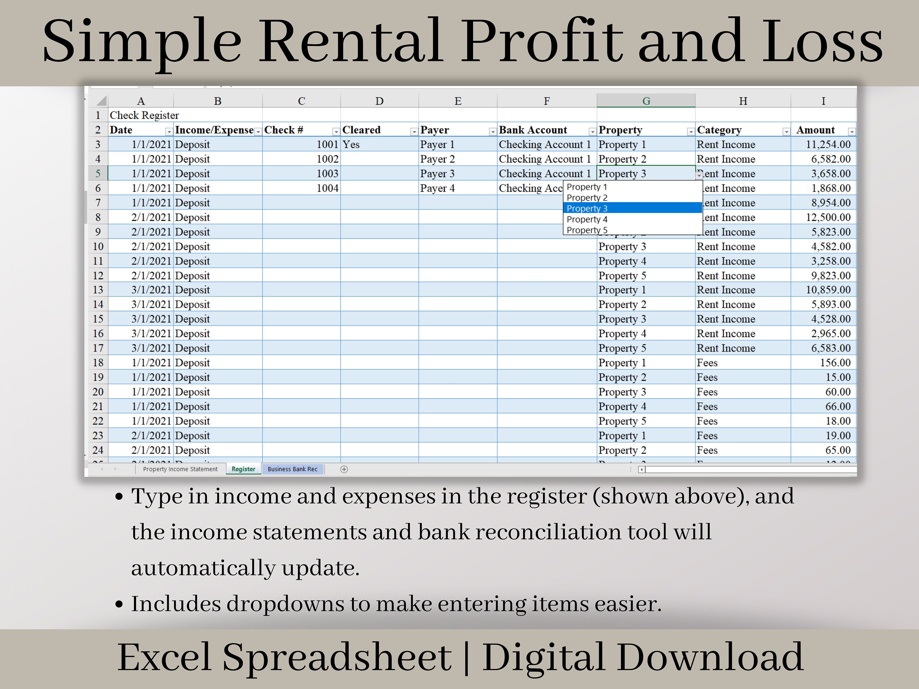 Rental Income Statement Spreadsheet, Excel Landlord Template, Rental ...