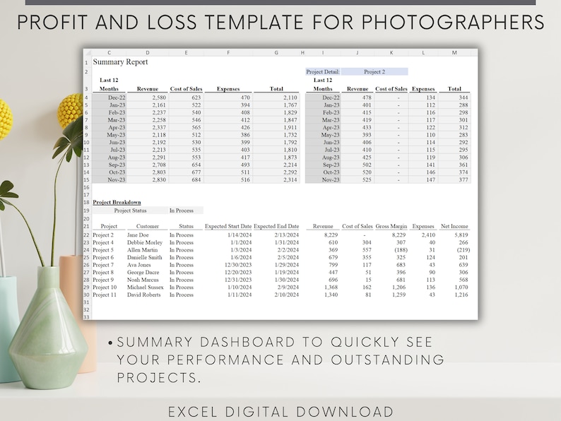 Photographer's Profit and Loss Excel Template: Project Management ...