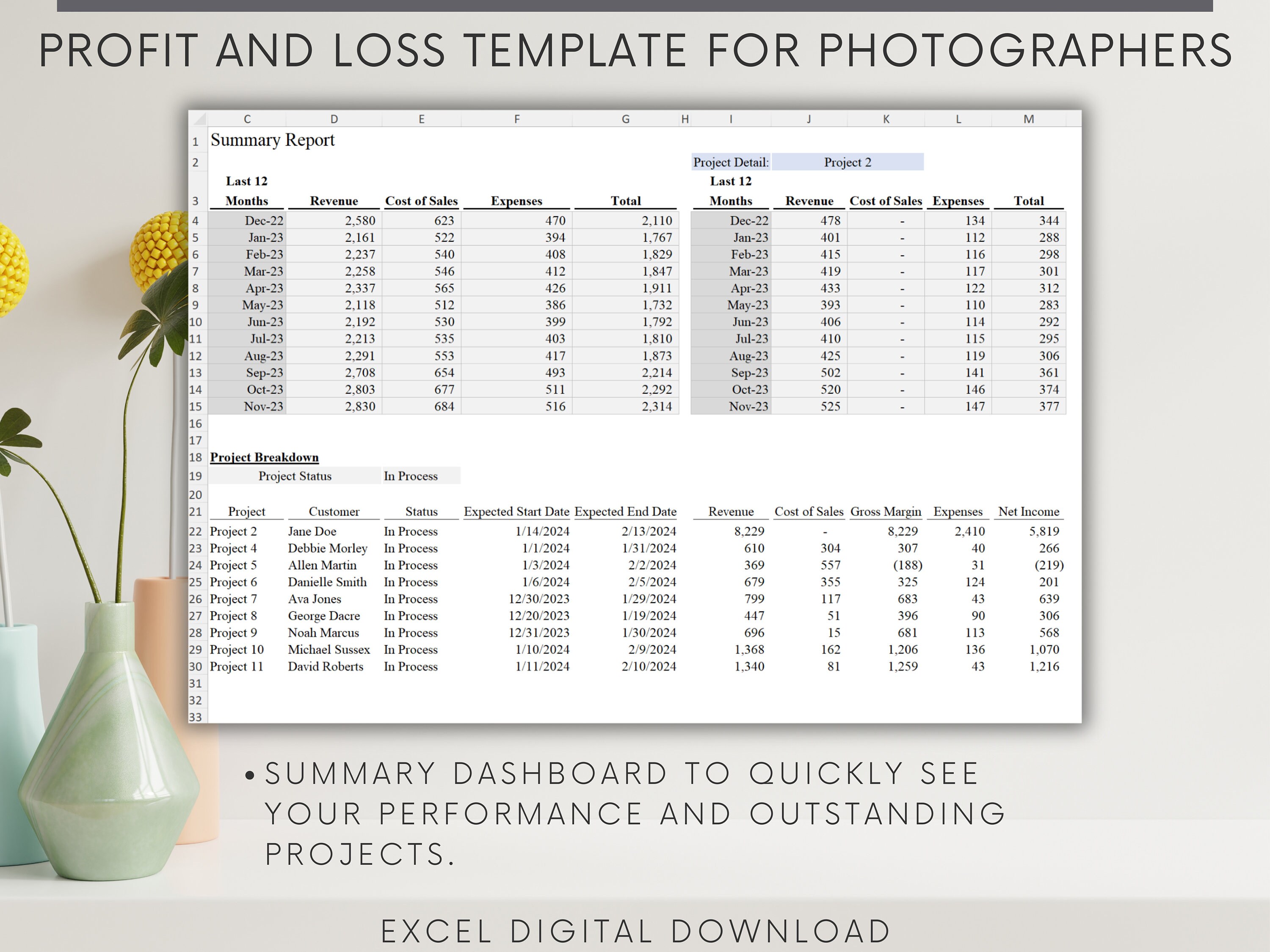 Photographer's Profit and Loss Excel Template: Project Management ...