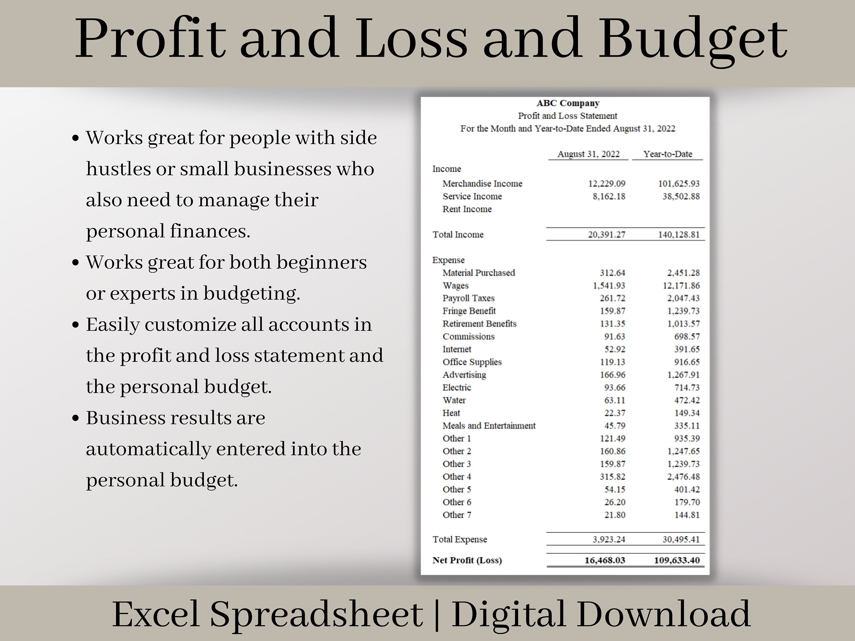 Profit and Loss and Monthly Budget Spreadsheet. Excel Spreadsheet ...