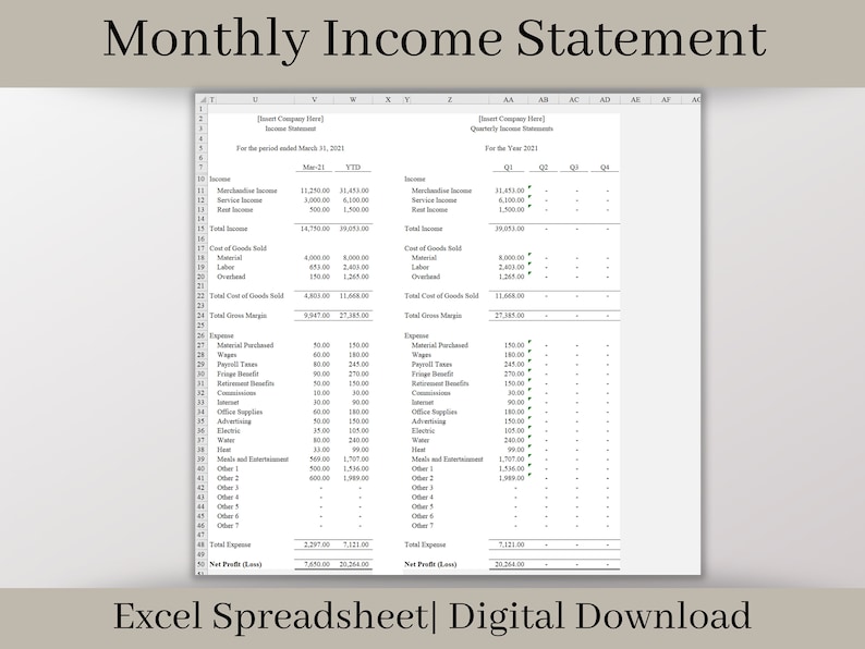 Monthly Income Statement Excel Template: Fillable Profit and Loss ...