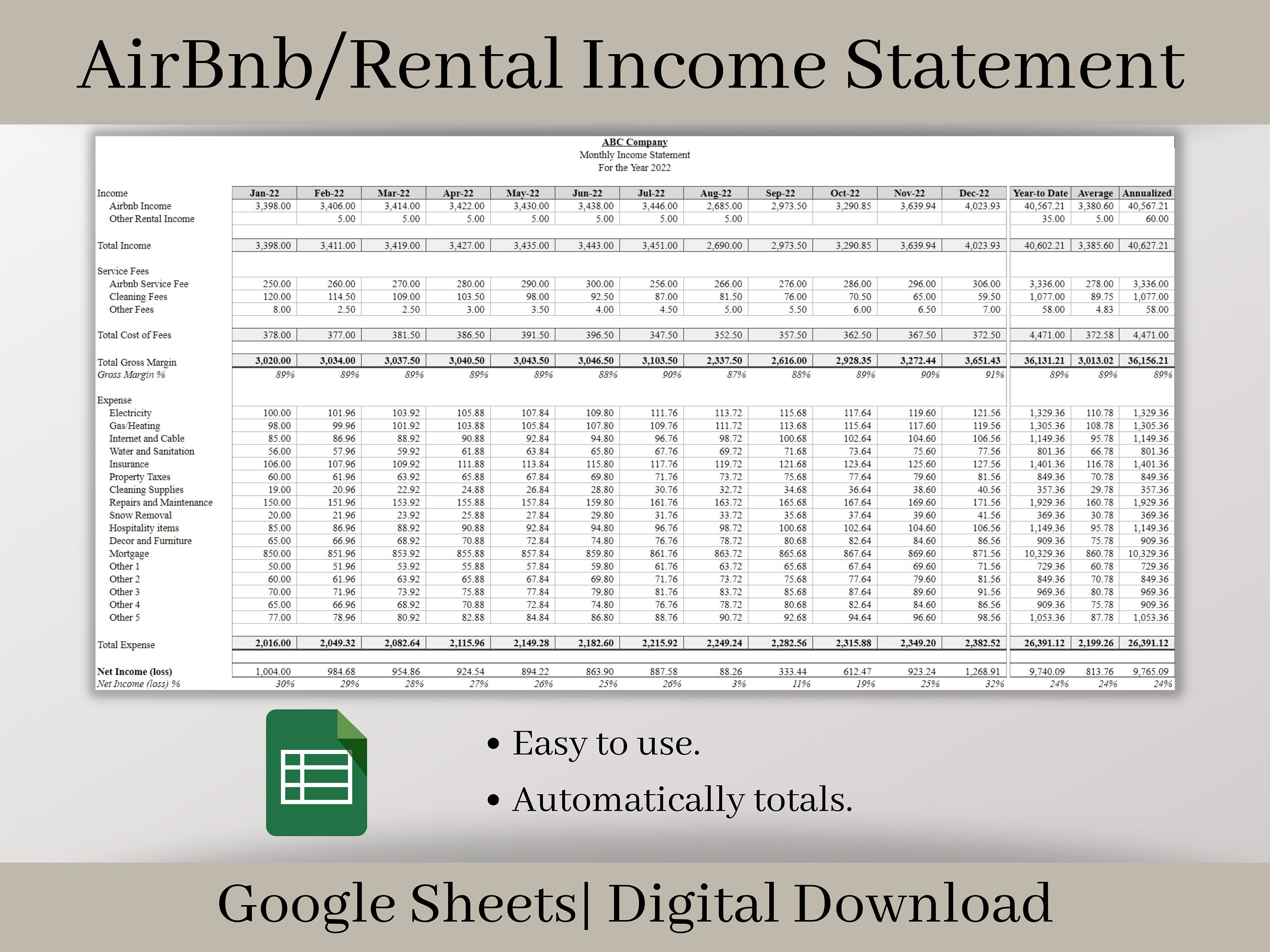 Airbnb Rental Income Statement Google Sheets Spreadsheet - Etsy