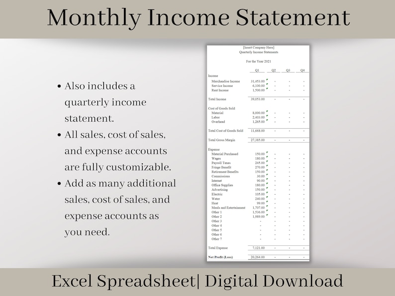 Monthly Income Statement Excel Template: Fillable Profit and Loss ...