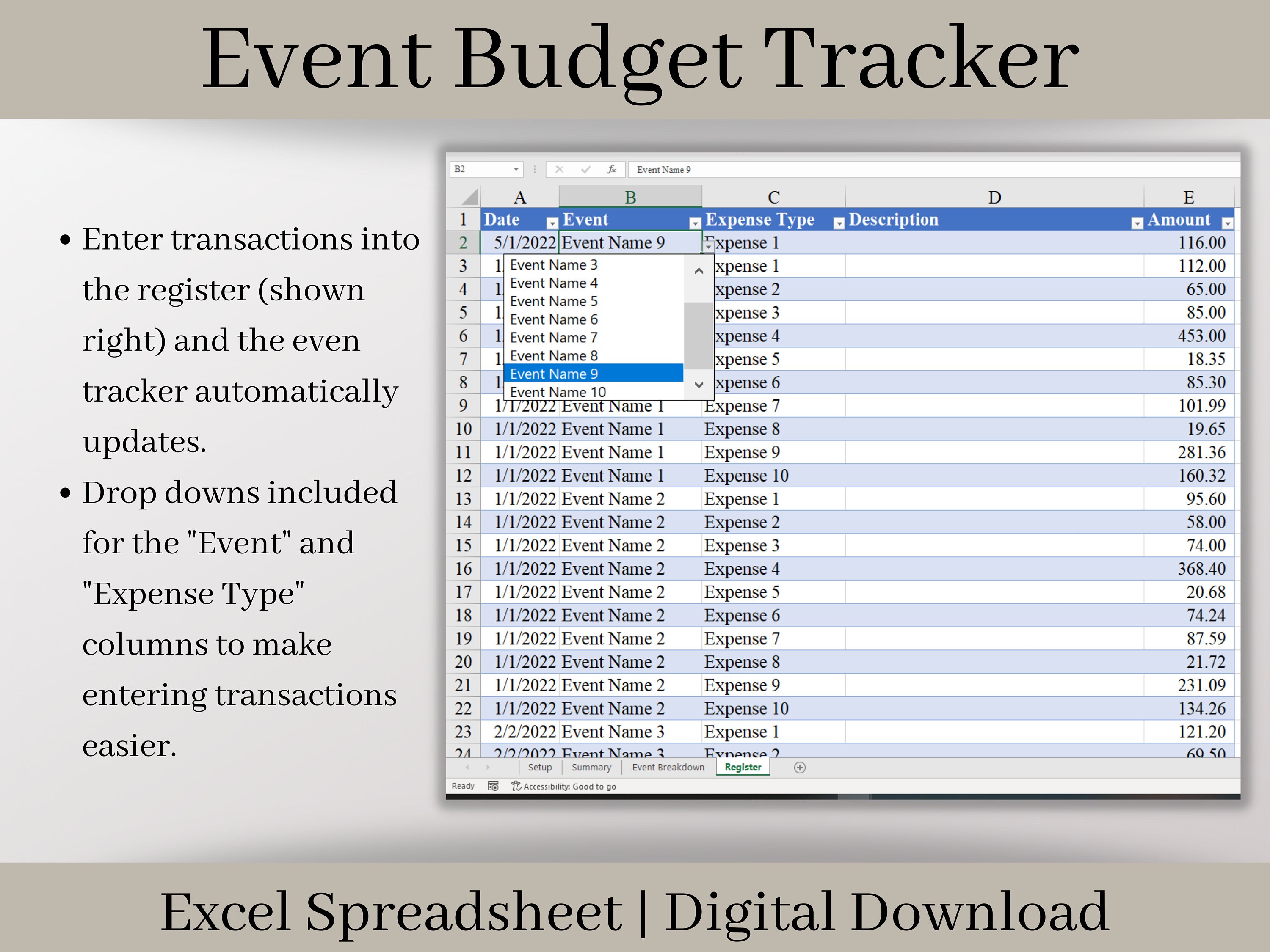 Event Budget Expense Tracker, Excel Template, Track Budgeted and Actual ...