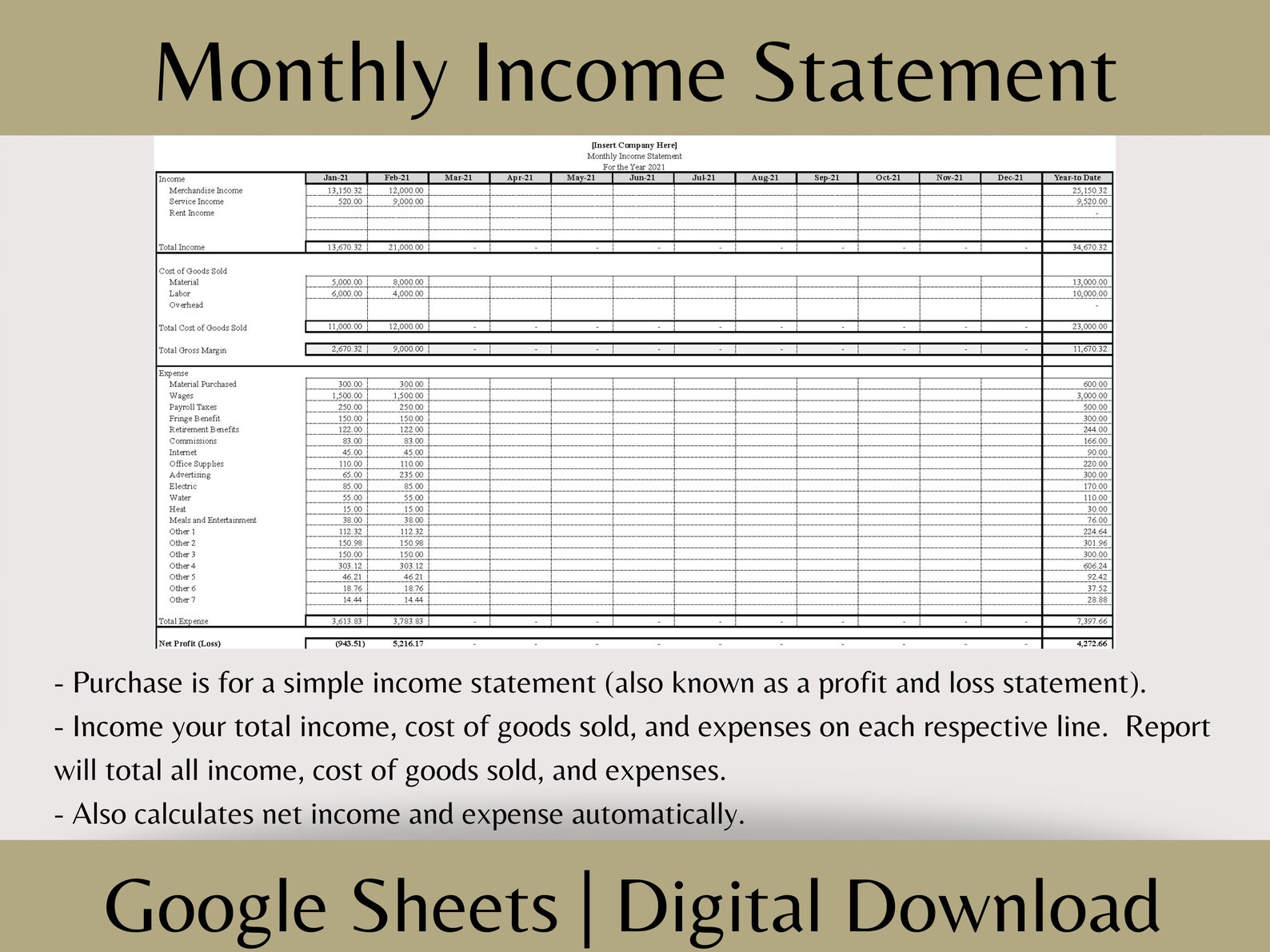 Monthly Income Statement Monthly Profit and Loss Easily | Etsy