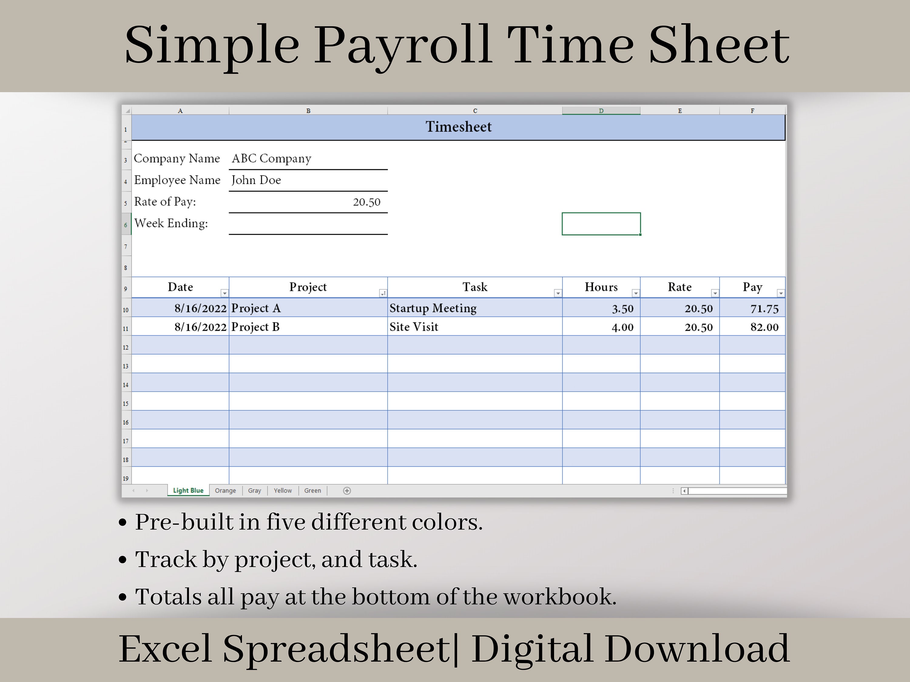 Simple Time Sheet, Easy to Use Employee Time Card Report, Excel ...