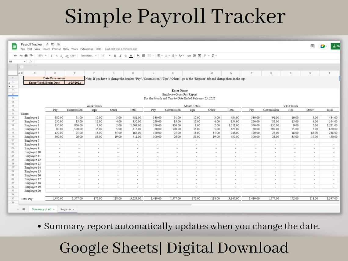 Summary Payroll Report, Easy to Use Employee Payroll Tracker, Summarize ...