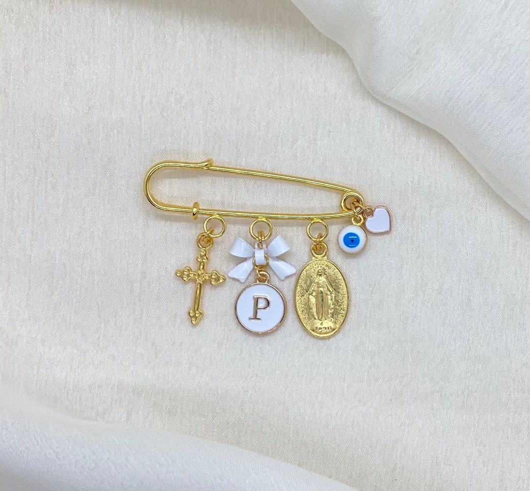 Personalised Baby Pin, Virgin Mary Safety Pin, Cross Stroller Pin ...