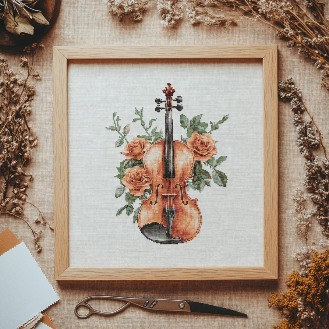 Floral Violin Cross Stitch Pattern, Flowers Cross Stitch, Cross Stitch ...