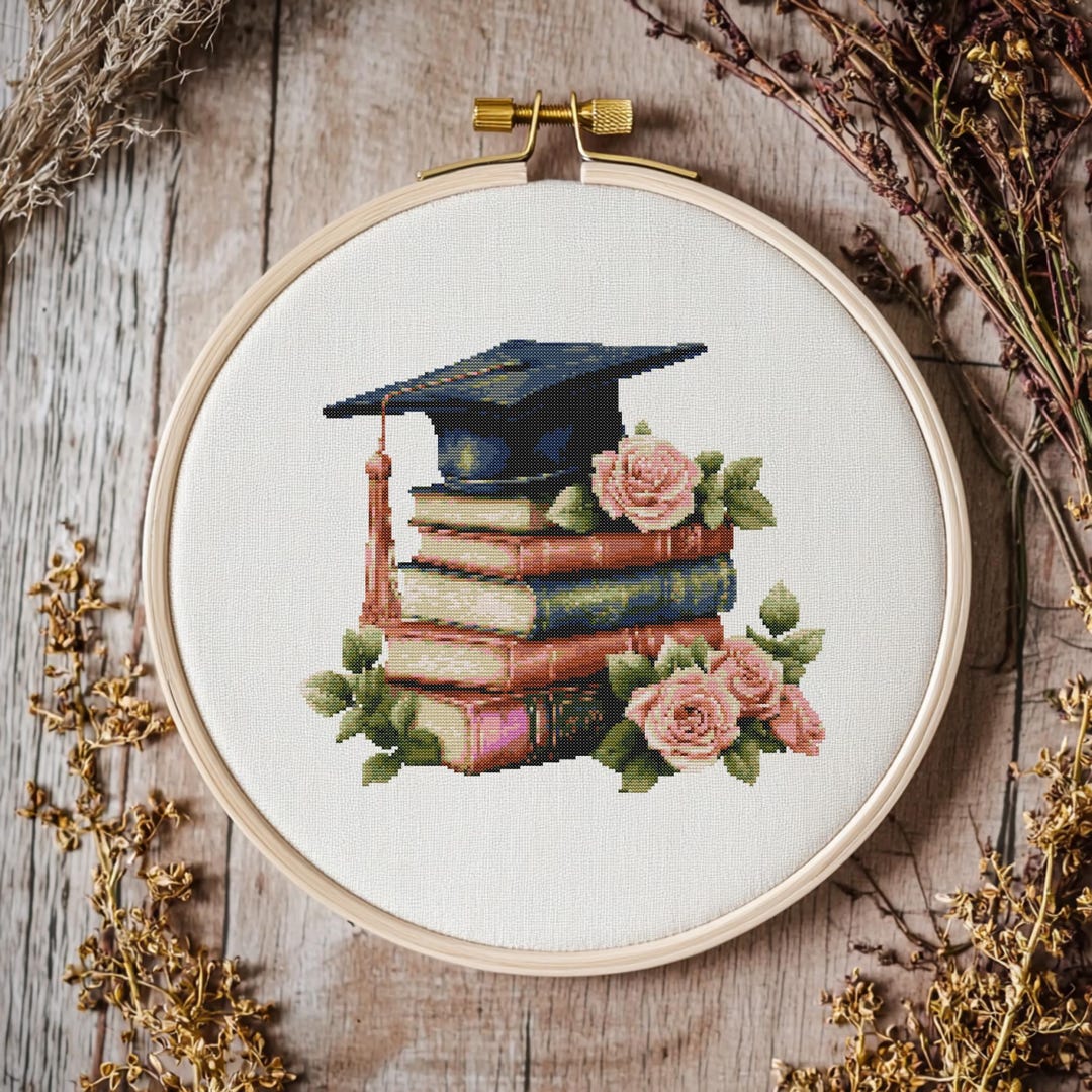 Graduation Cap With Book Cross Stitch Pattern, Graduation Cap Cross ...