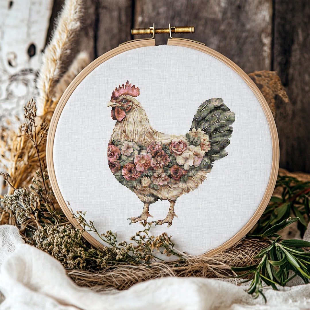 Floral Chicken Cross Stitch Pattern, Floral Chicken Cross Stitch, Cross ...