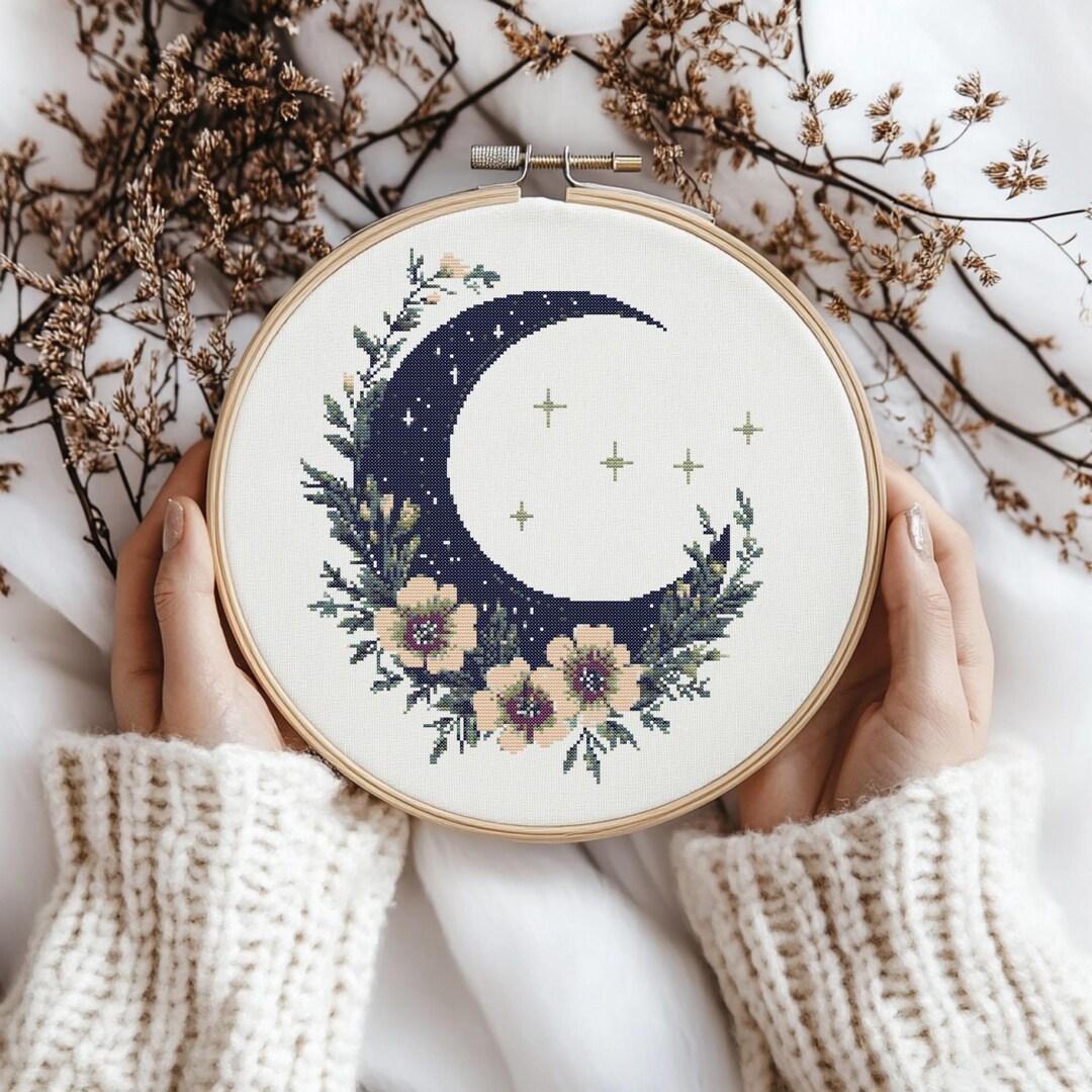 Crescent Moon Cross Stitch Pattern, Moon Cross Stitch, Cross Stitch ...