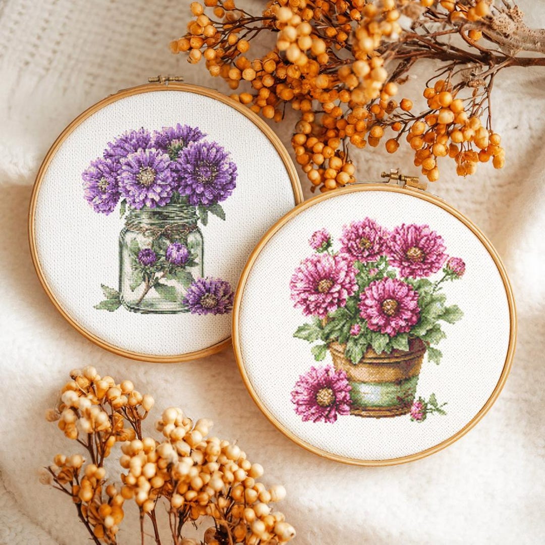 Set of Two Aster Flower Cross Stitch Pattern, Stitch Kit, Cross Stitch ...