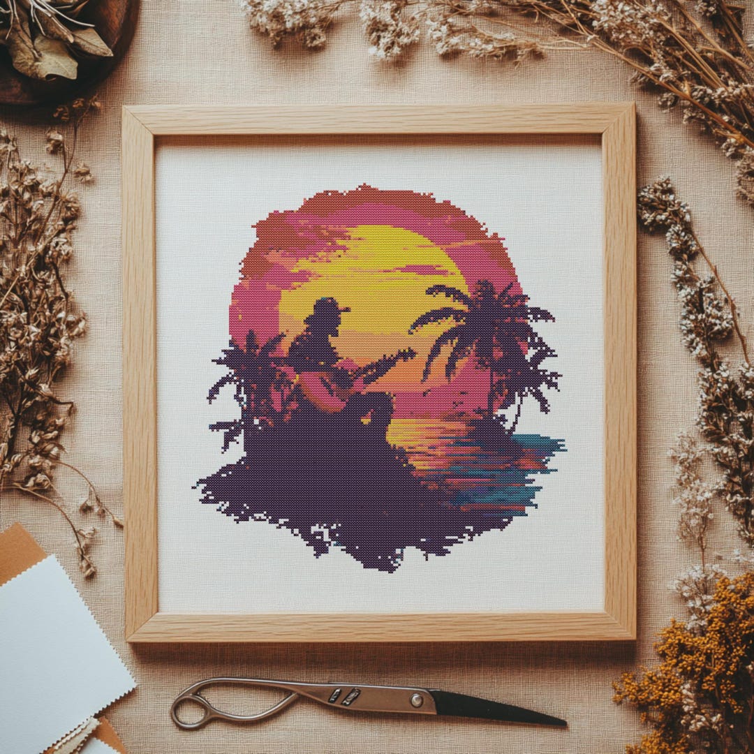 Man on Beach Cross Stitch Pattern, Sunset Cross Stitch, Cross Stitch ...