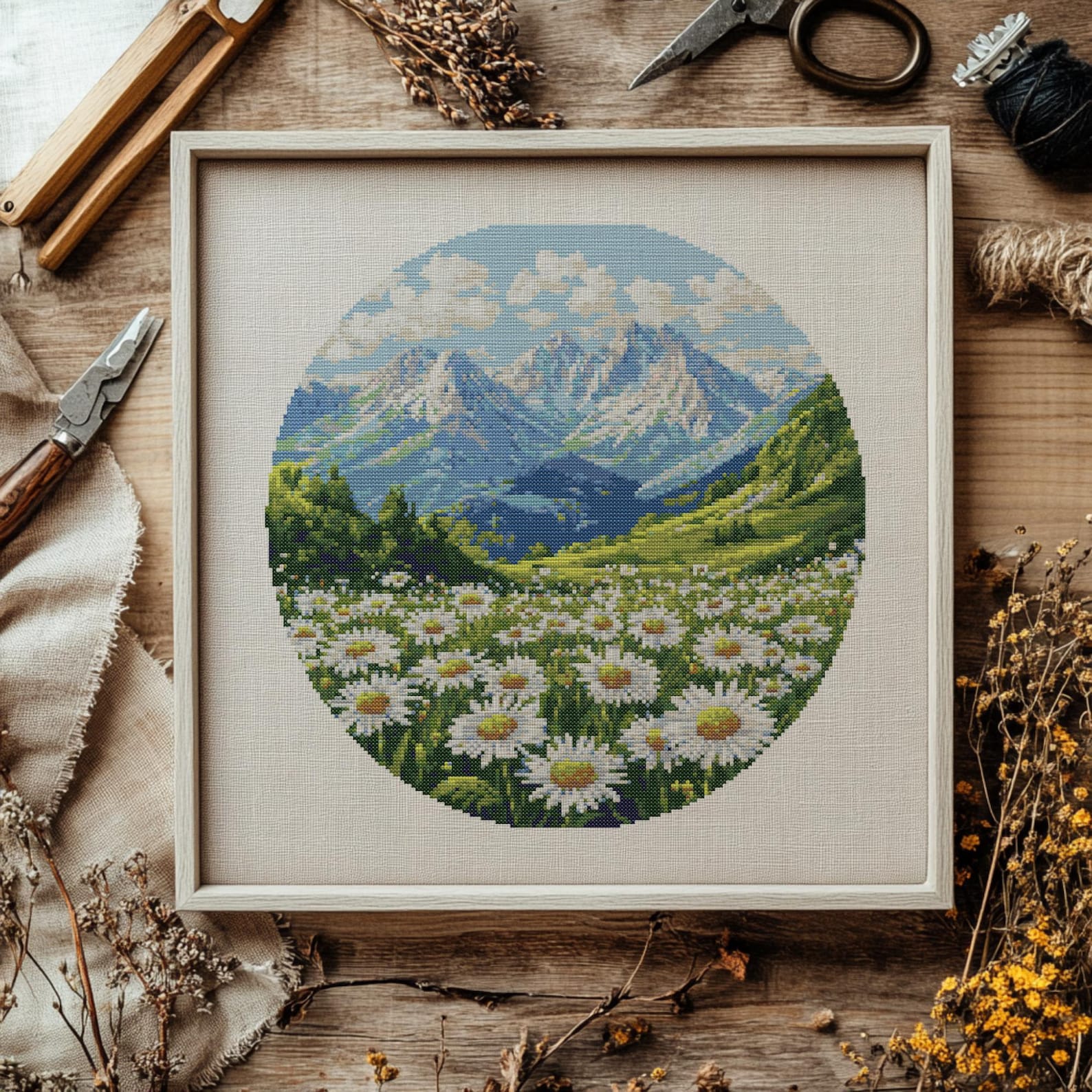 Daisy Landscape Cross Stitch Pattern, Daisy Flower Stitch Kit, Cross ...