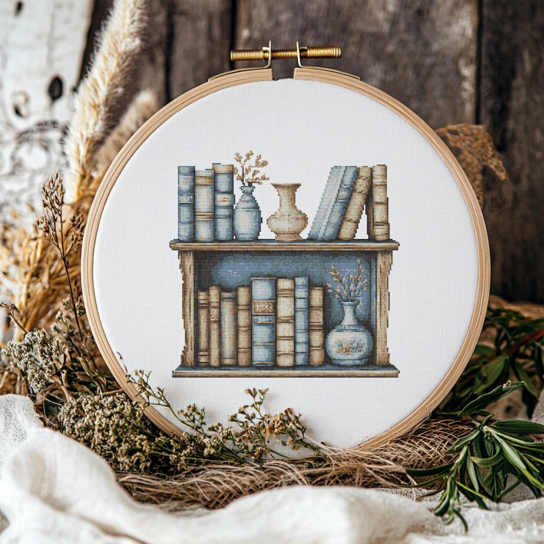 Bookshelf Cross Stitch Pattern, Bookshelf Cross Stitch, Cross Stitch ...
