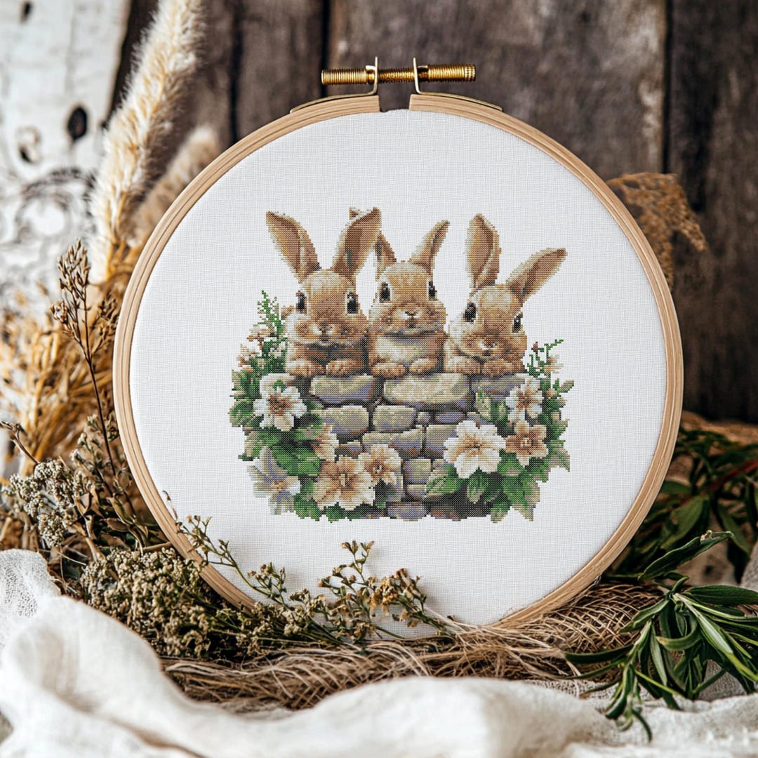 Three Rabbits Cross Stitch Pattern, Floral Bunny Cross Stitch, Cross ...