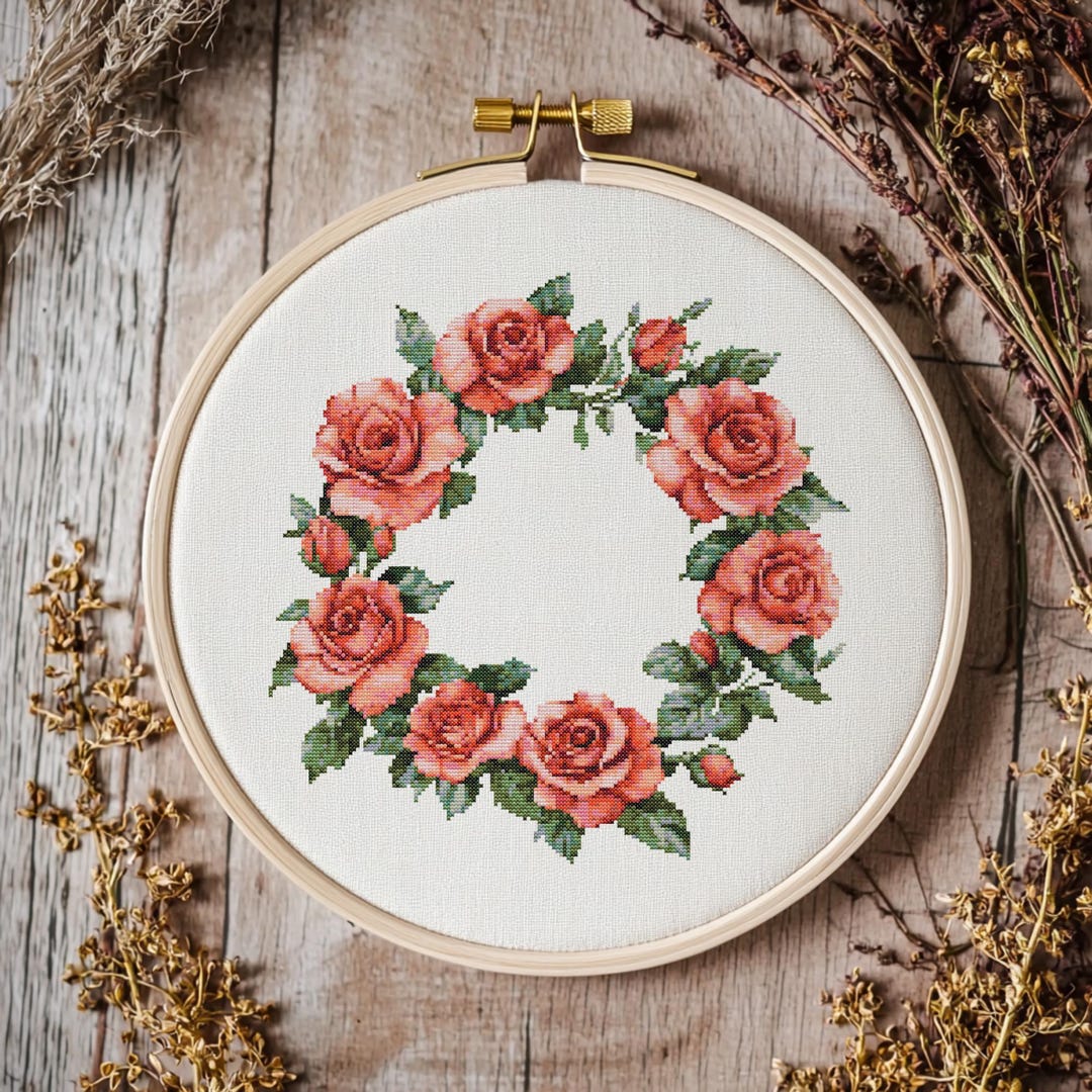 Rose Wreath Cross Stitch Pattern, Rose Flower Cross Stitch, Cross ...