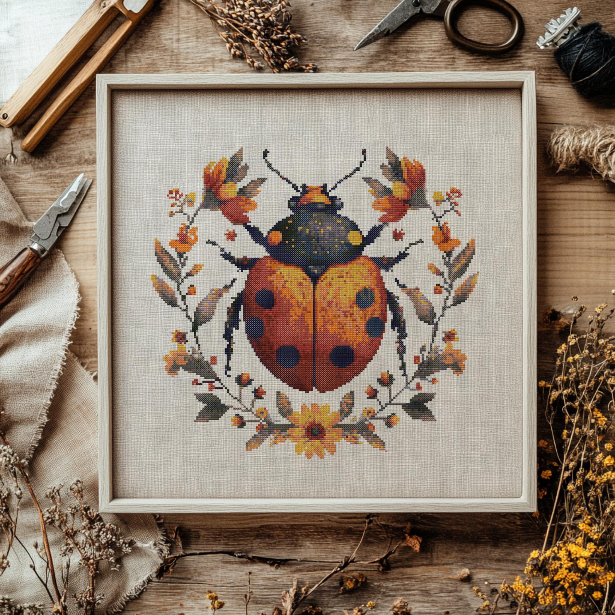 Ladybug Floral Cross Stitch Pattern, Animal Cross Stitch, Cross Stitch ...