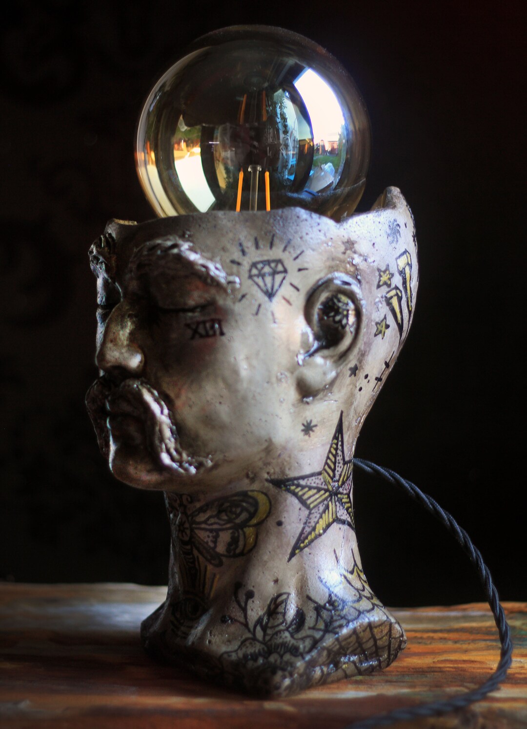 Lamp "edward" Vintage Tattoo Head Lamp Men Head Lamp, Sculpture - Lamp ...