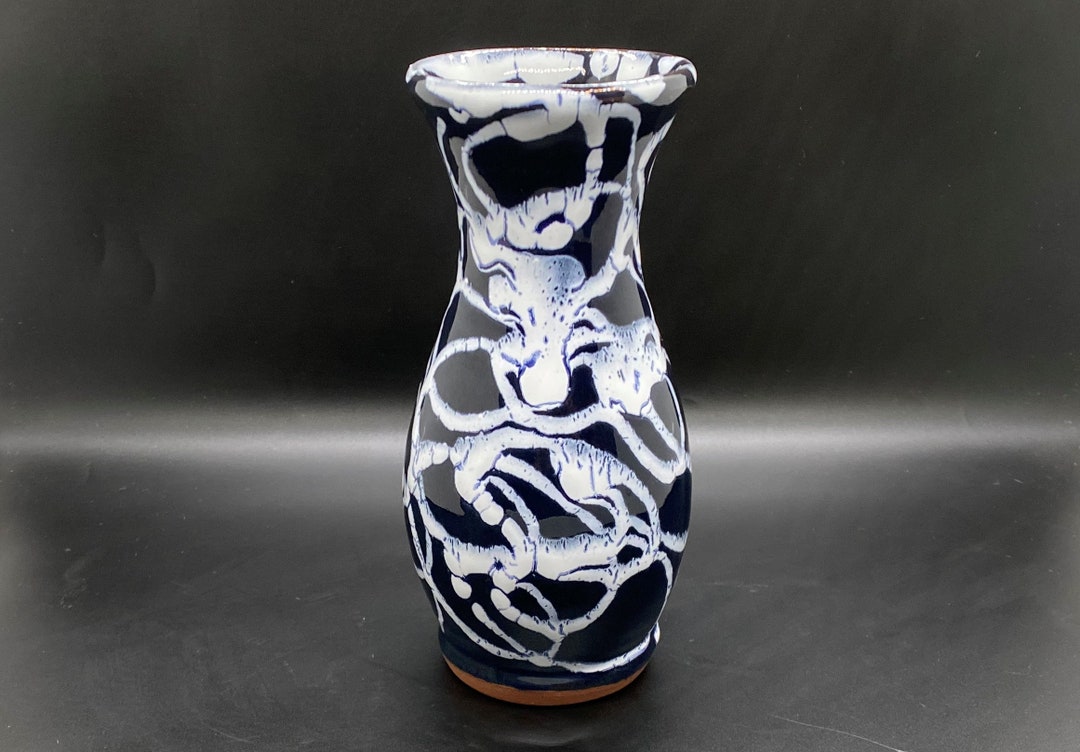 Small Redware Vase - Black and White Branch Pattern - Etsy