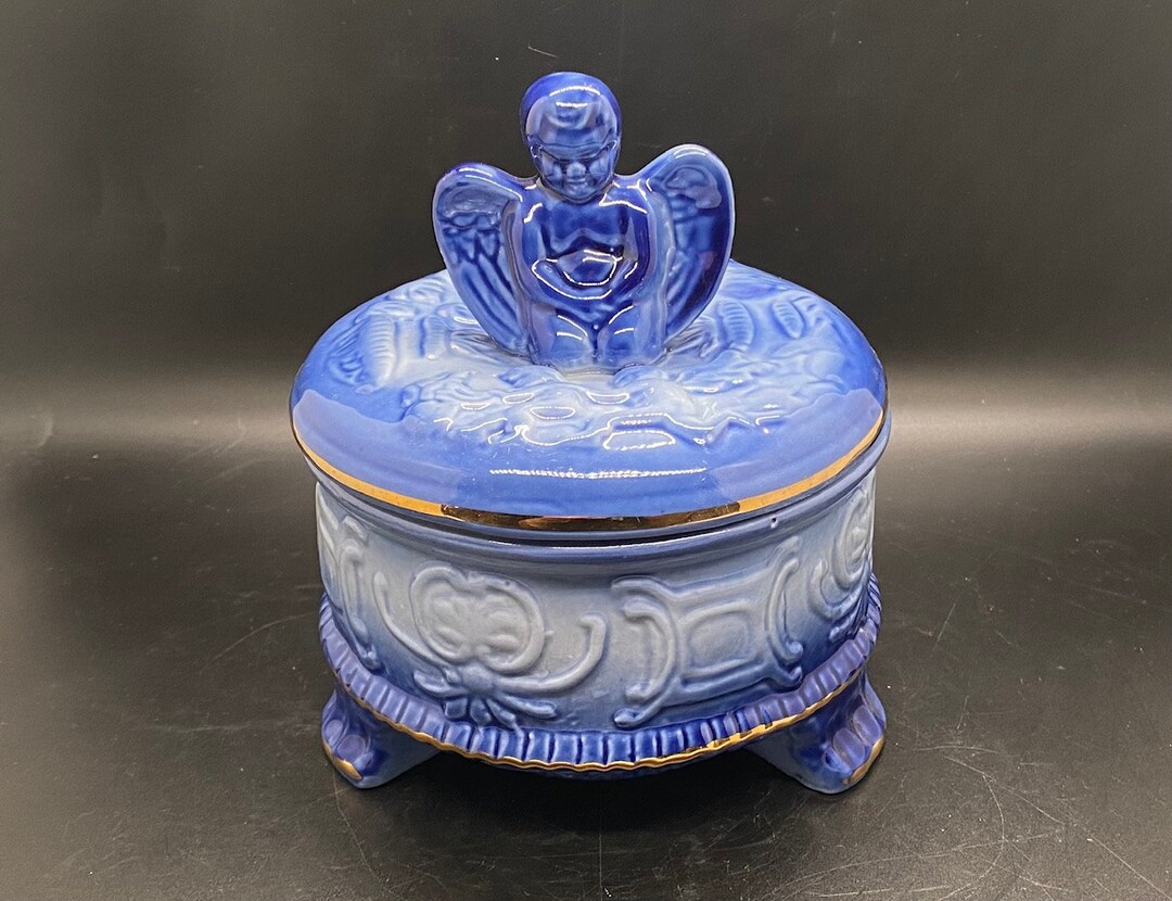 Vintage Angel Cobalt Blue Powder Compote With Lid - Powder Room Décor ...