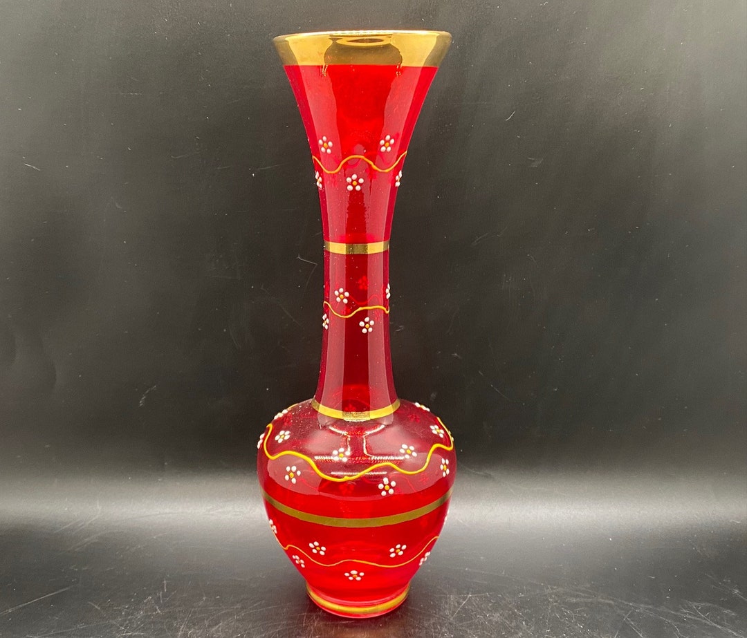 Hand Painted Fire Engine Red Art Glass Vase: Gold Accents, Made in ...