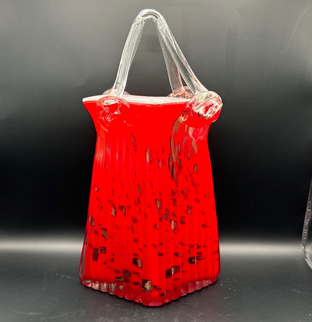Stunning Hand Blown Glass Purse With Applied Handles, Red With Gold ...