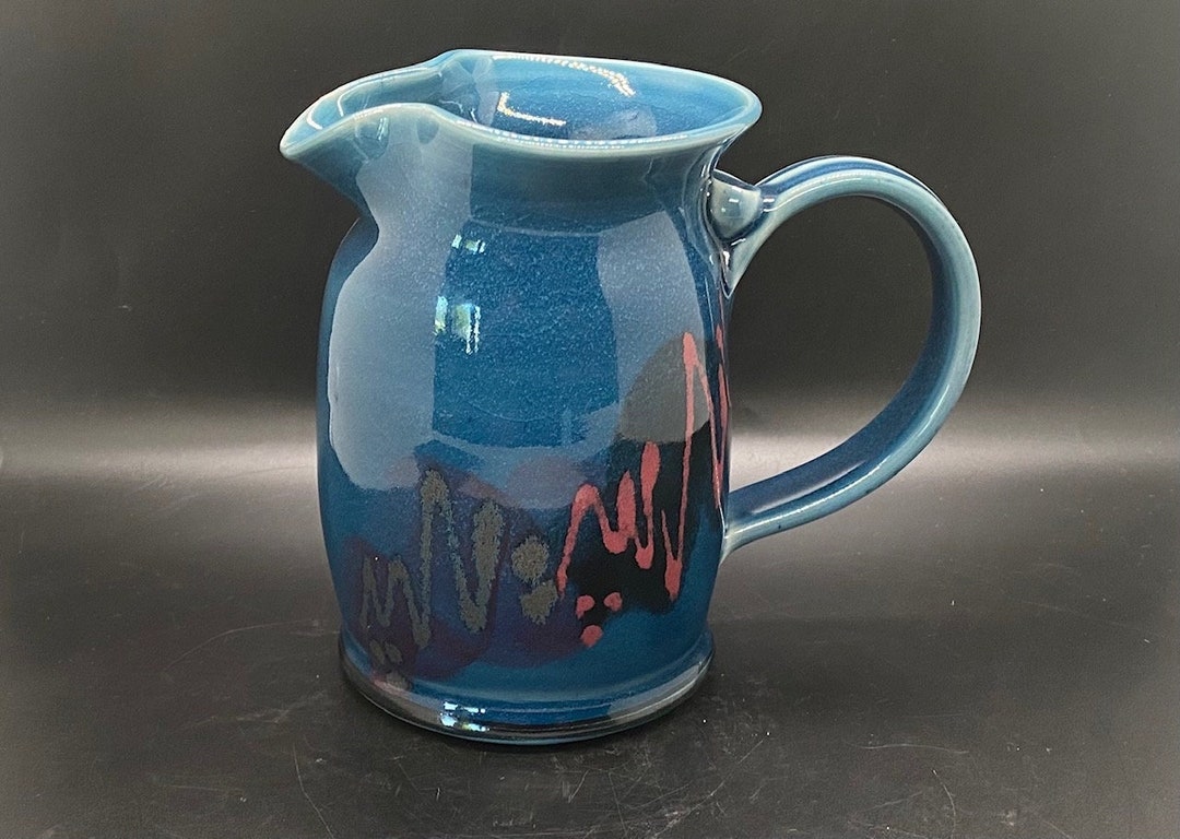 Stunning Art Pottery Pitcher Blues With Pink and Black Accents Signed ...