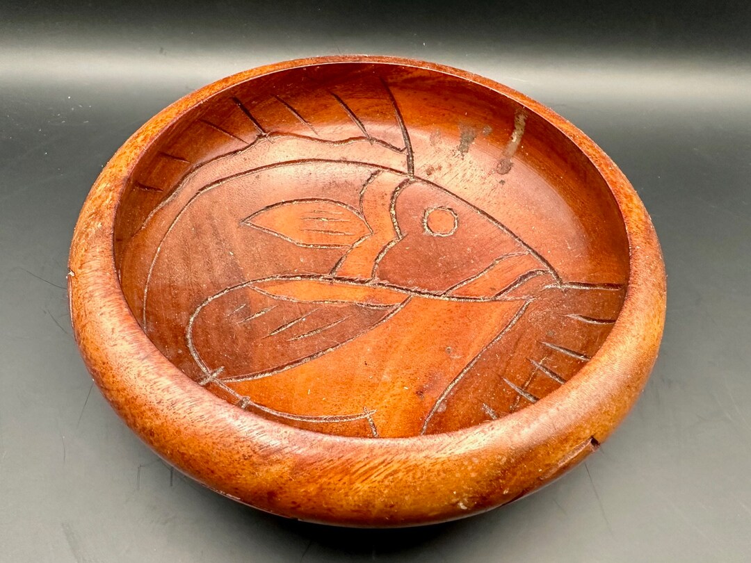 Hand Carved Wood Bowl With Fish Pattern, Rustic Vintage Decor, Fish ...
