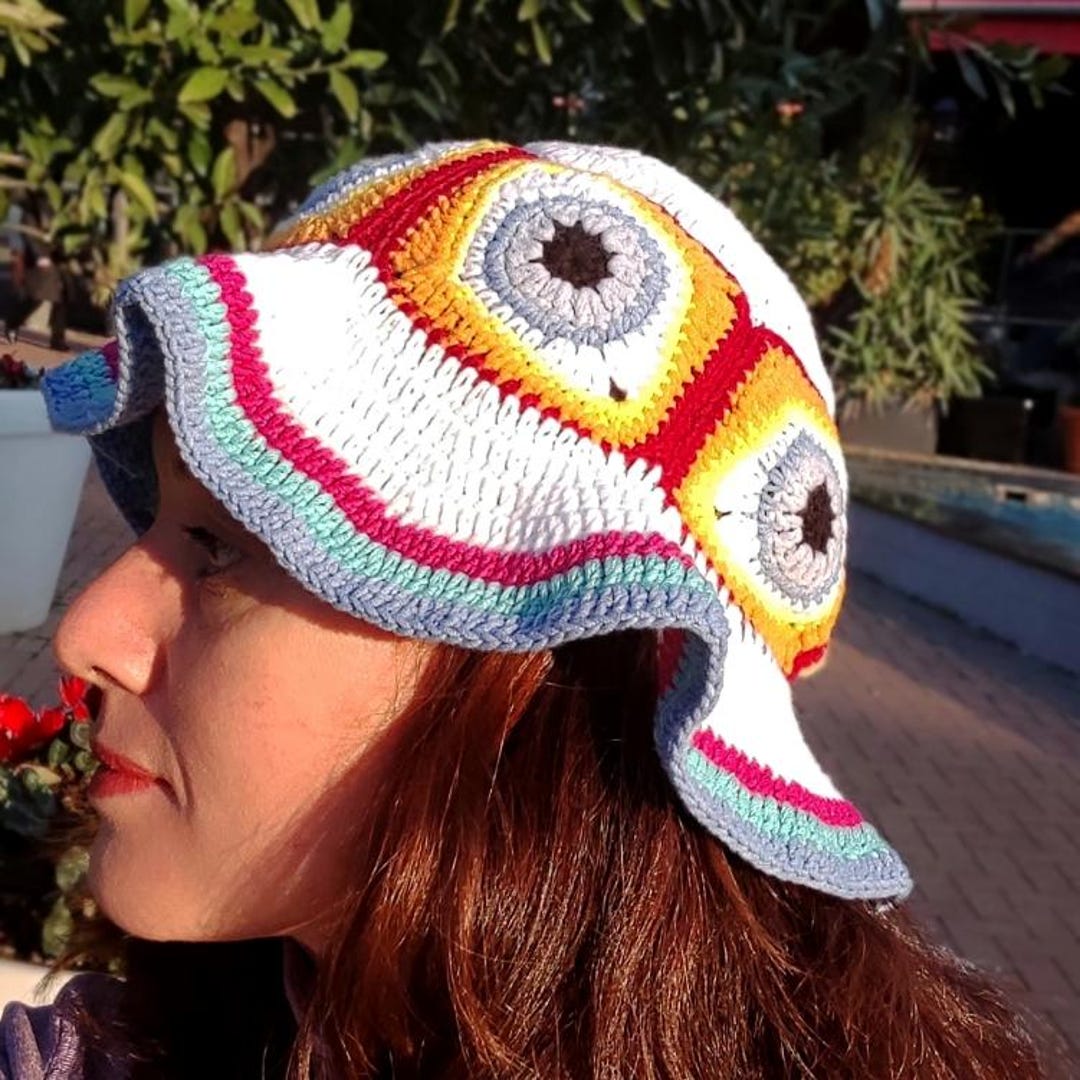Evil Eye Bucket Hat Crochet Ruffle, Unique Gift for Her Everyday Use ...