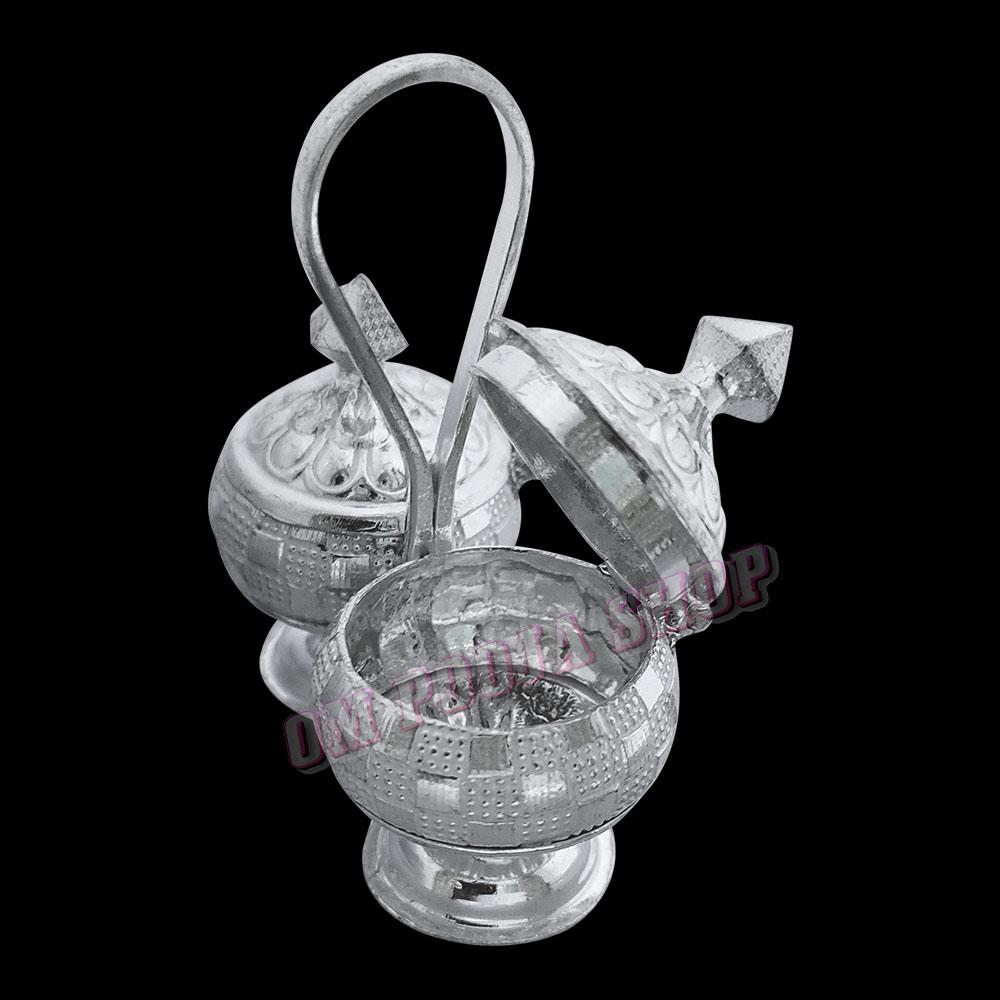 Pure Silver Haldi Kumkum Container Set, Flower Design, Puja Ceremony ...