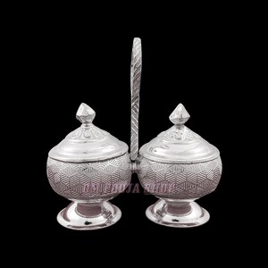 Pure Silver Haldi Kumkum Container Set, Flower Design, Puja Ceremony ...