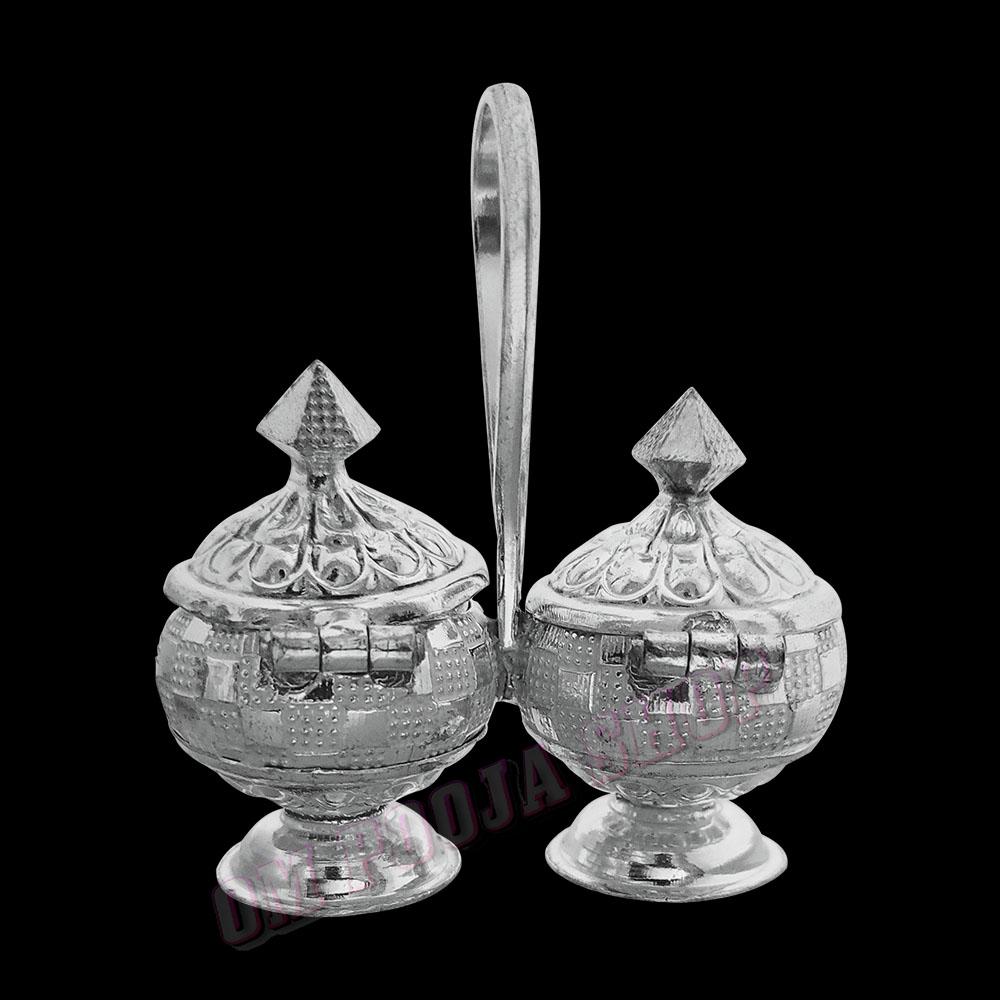 Pure Silver Haldi Kumkum Container Set, Flower Design, Puja Ceremony ...