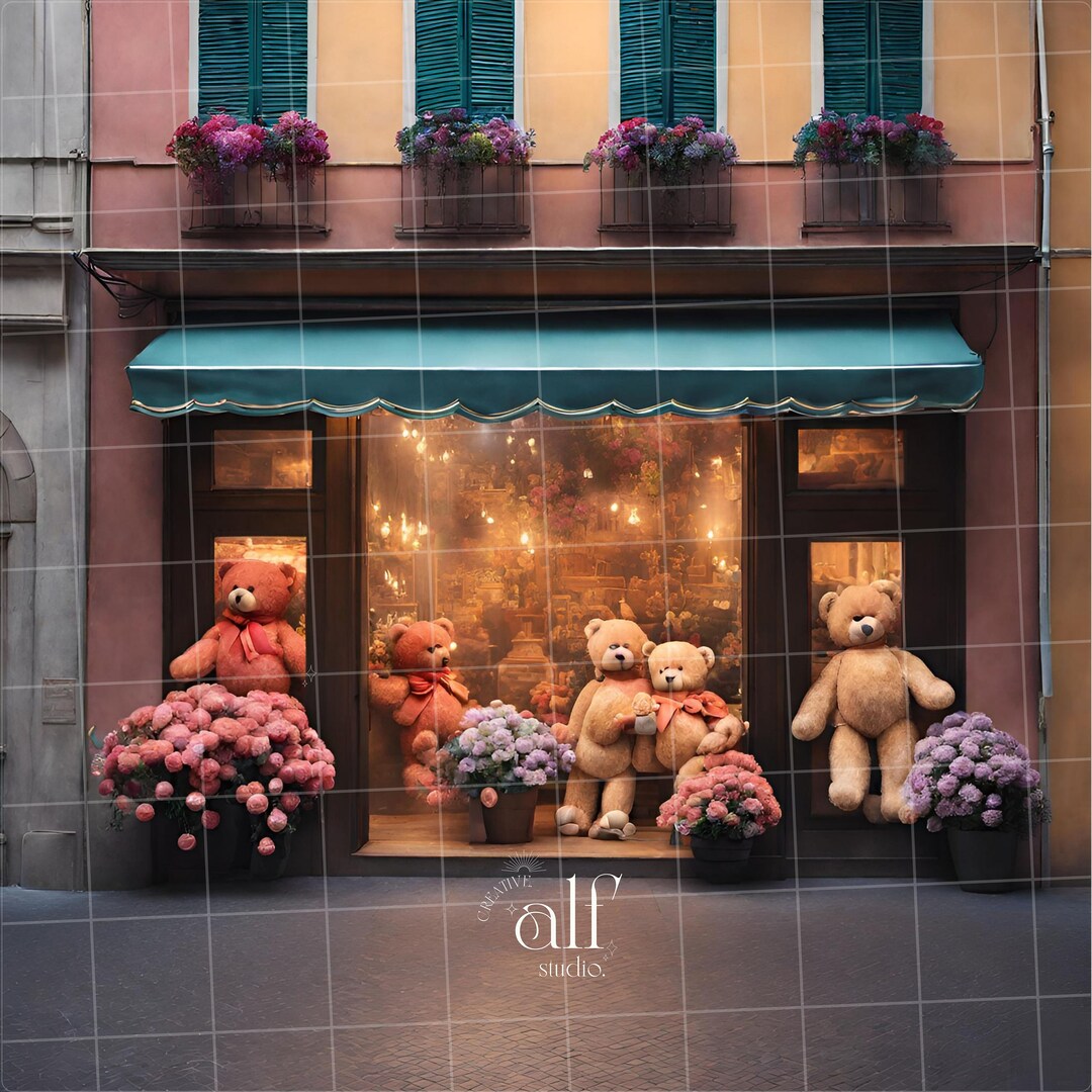 Bear Floral Storefront Backdrop Photography Colorful Flower Store Blue ...