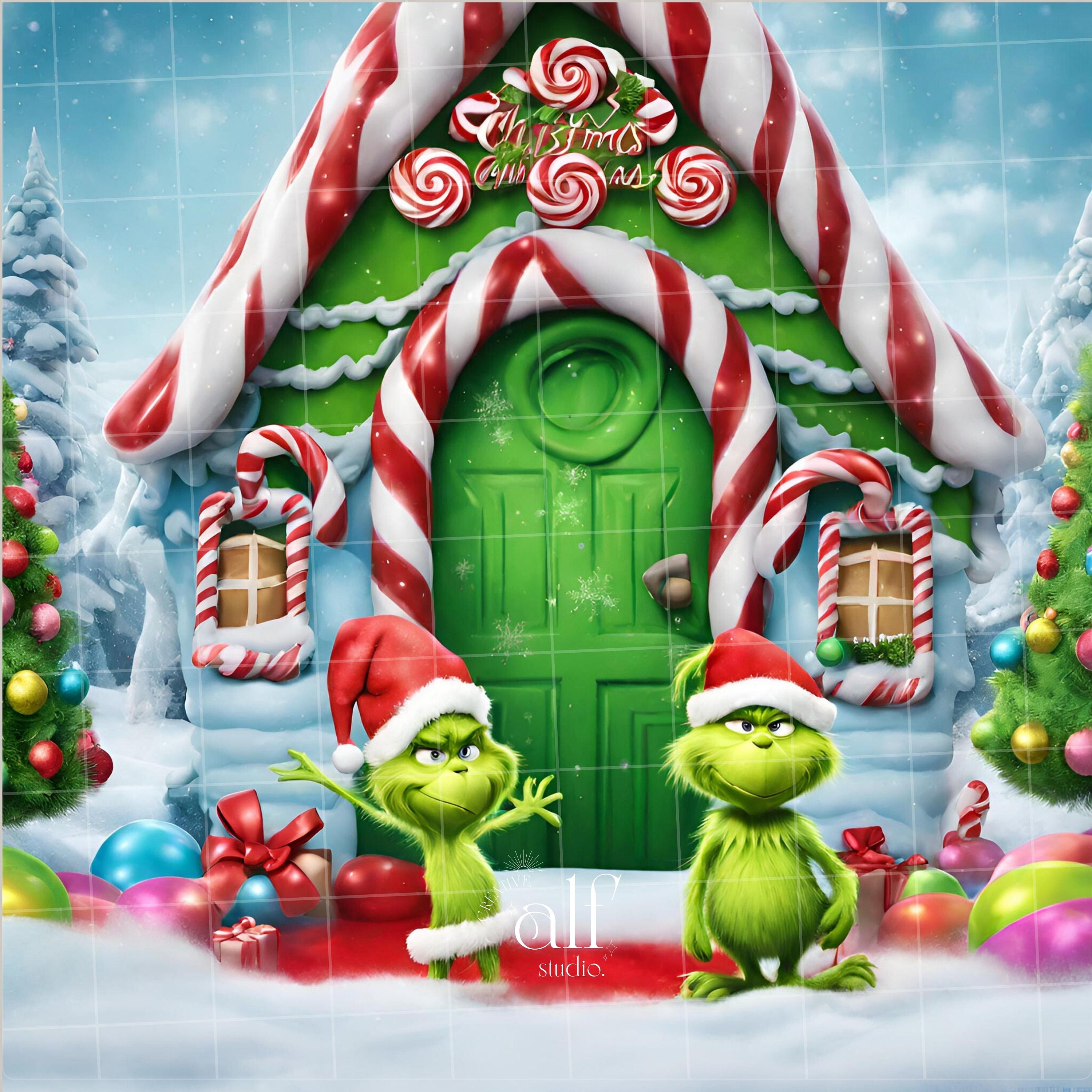 Candy Houses With Baby Twin Grinch Christmas Overlay Xmas Backdrop ...