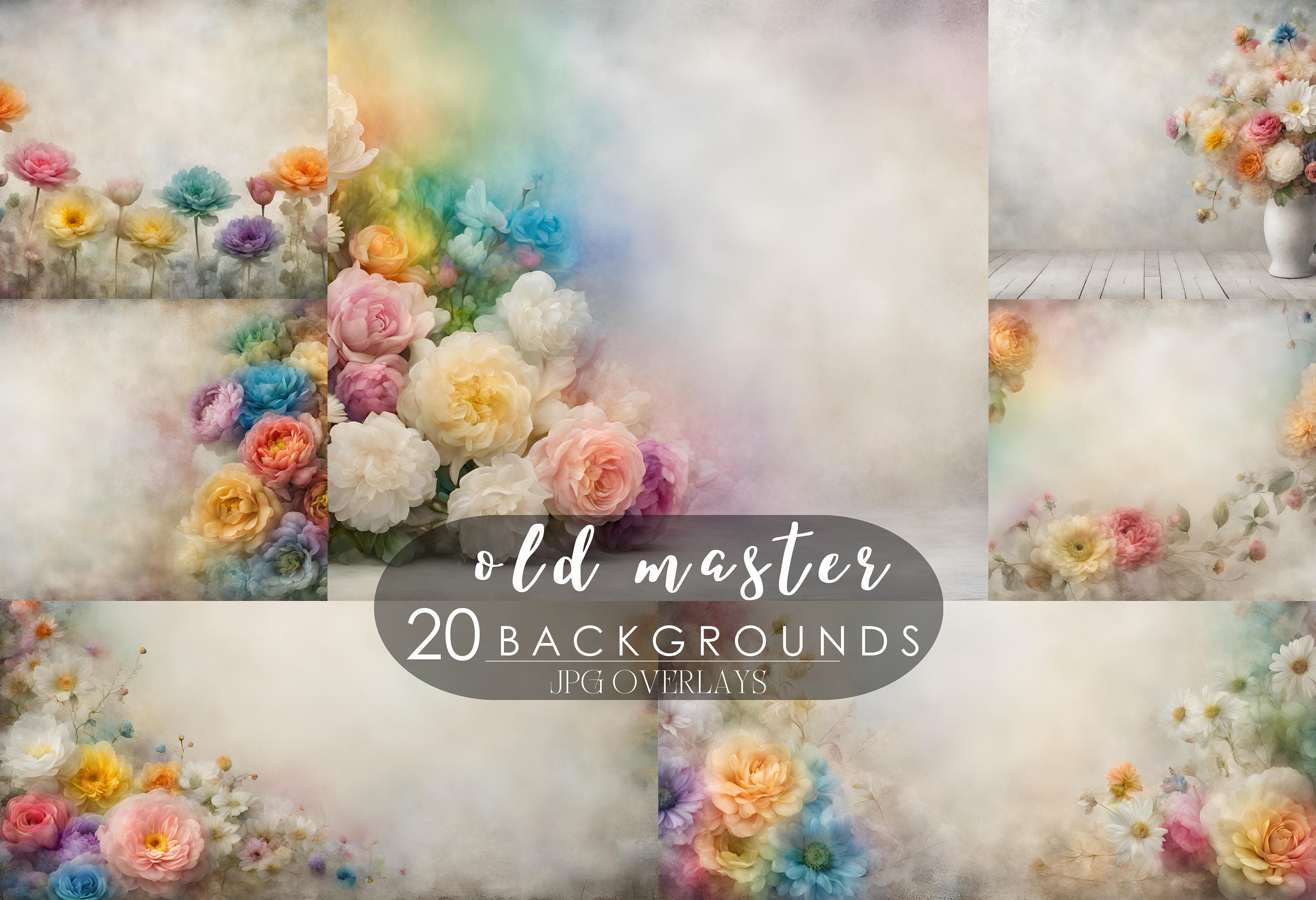 20 Floral Old Master Backgrounds Rainbow Floral Digital Backdrop ...