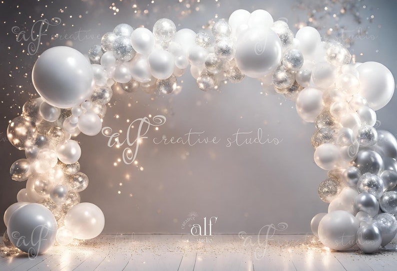 White Birthday Background Balloon Arch Backdrop Birthday Overlay Cake ...