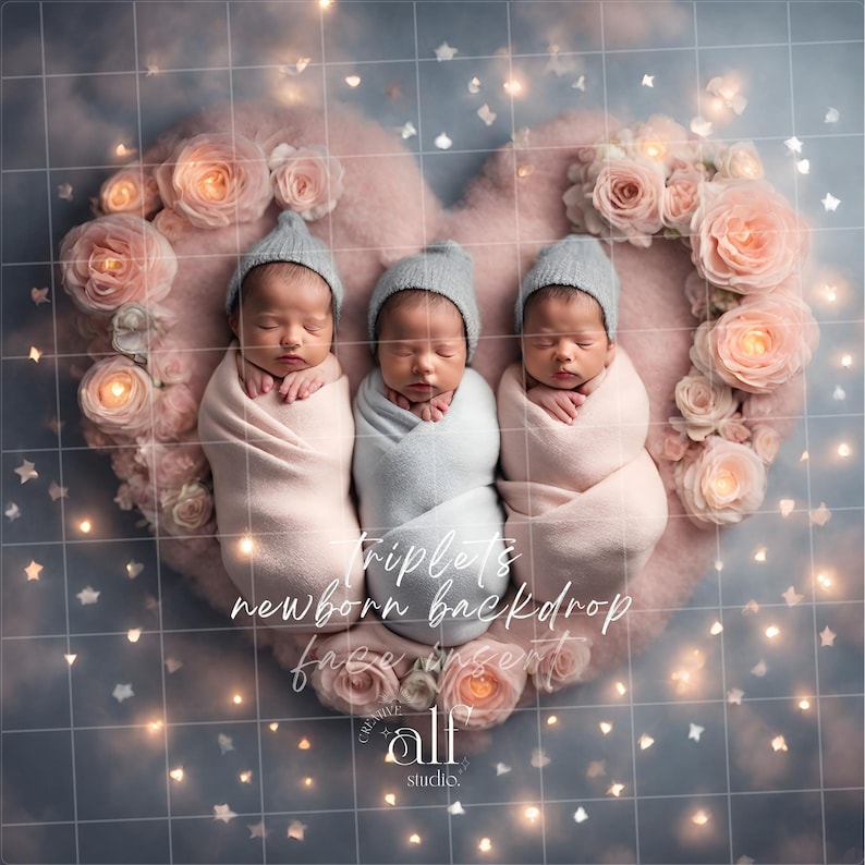 Newborn Triplets Backdrop Add Face Insert Heart Overlay Newborn Nest ...