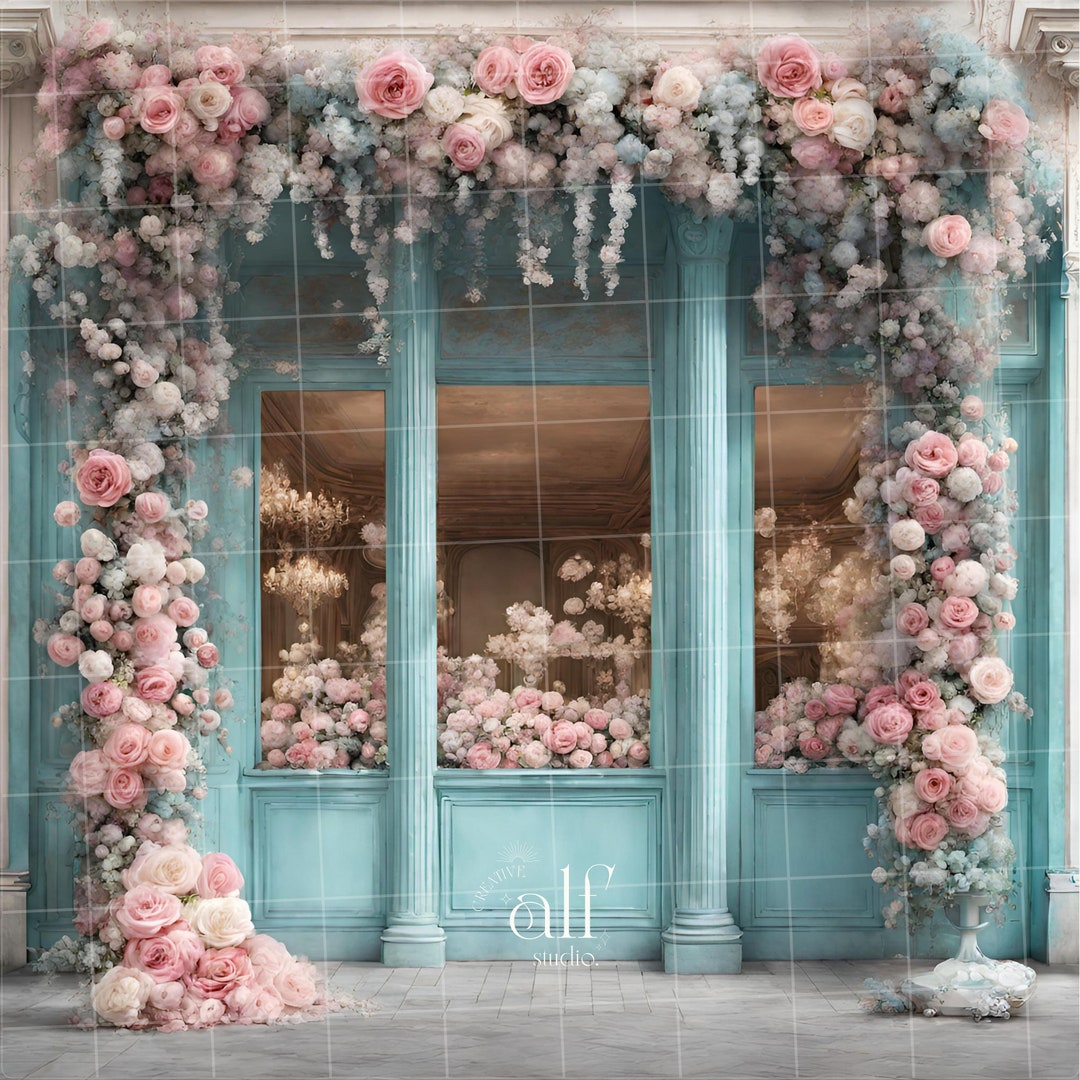 Dreamy Blue Storefront Backdrop Floral Pink Blue Storefront Backgrounds ...