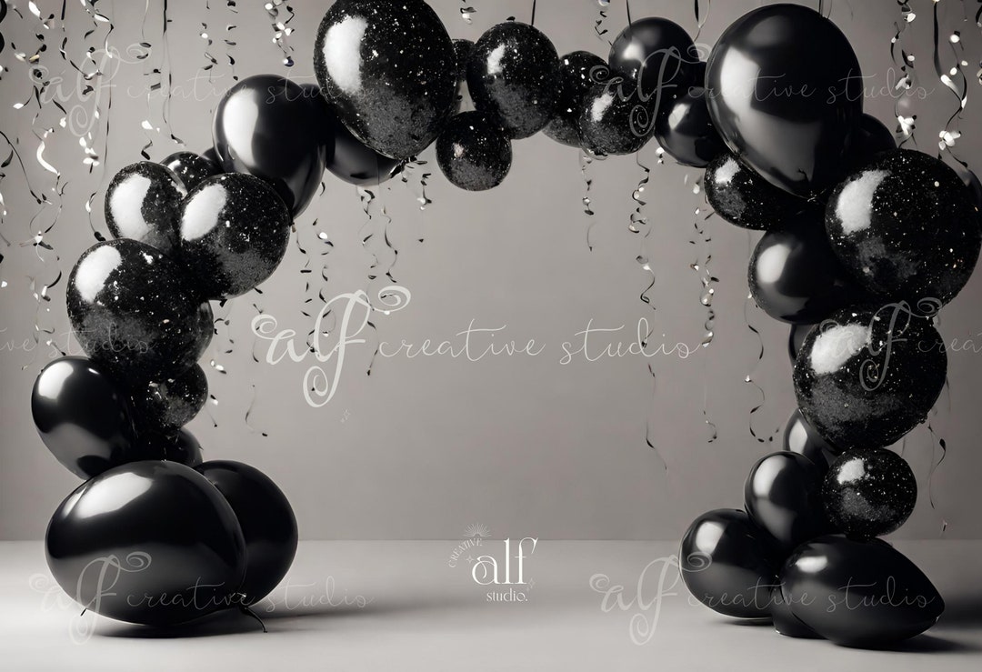 Black Birthday Background Balloon Arch Backdrop Birthday Overlay Cake ...