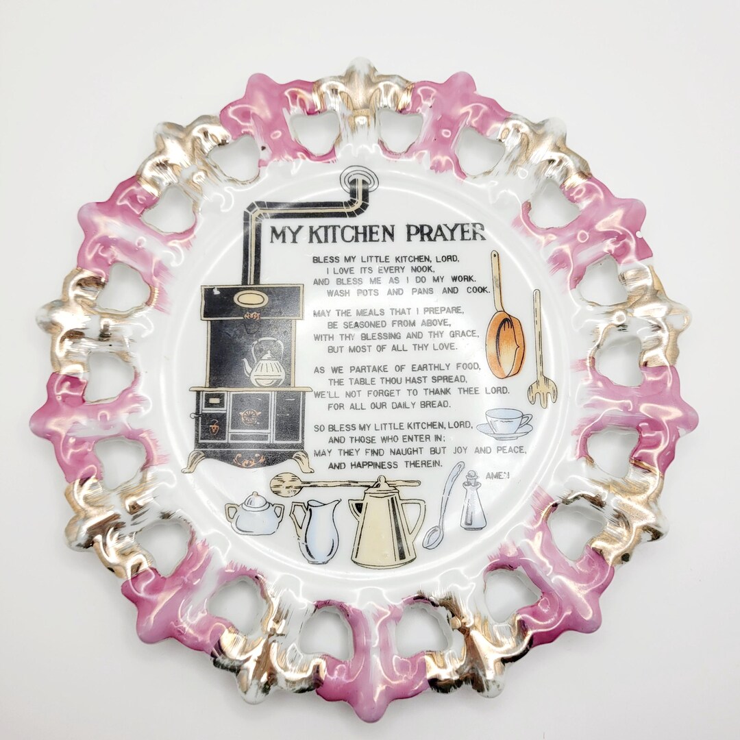 Vintage My Kitchen Prayer Plate Wall Hanging White Pink Gold 7.25 - Etsy