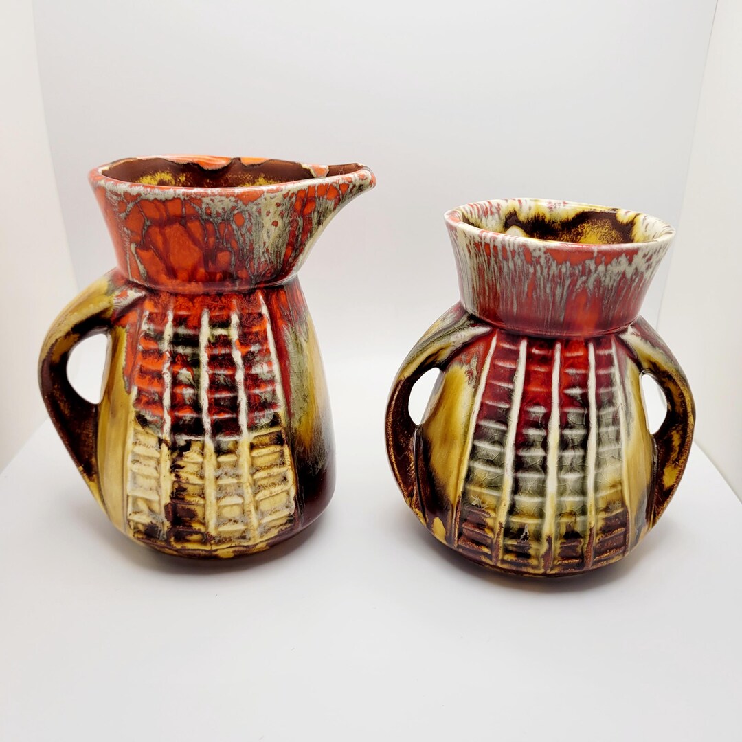 MCM Pottery Marcia of California Creamer and Sugar RE712 Brown Orange ...