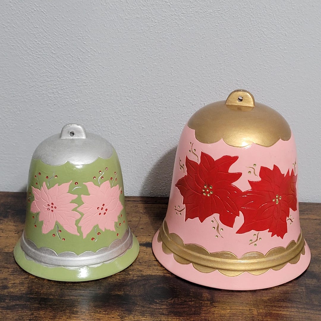 MCM Ceramic Christmas Bells Poinsettia Pink Green Holiday Christmas ...