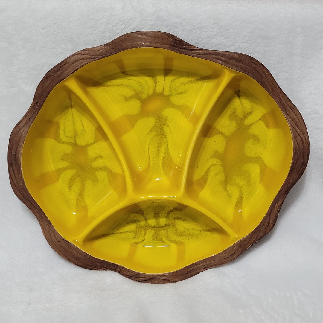Vintage USA Pottery Treasure Craft Divided Serving Bowl Plate Yellow ...