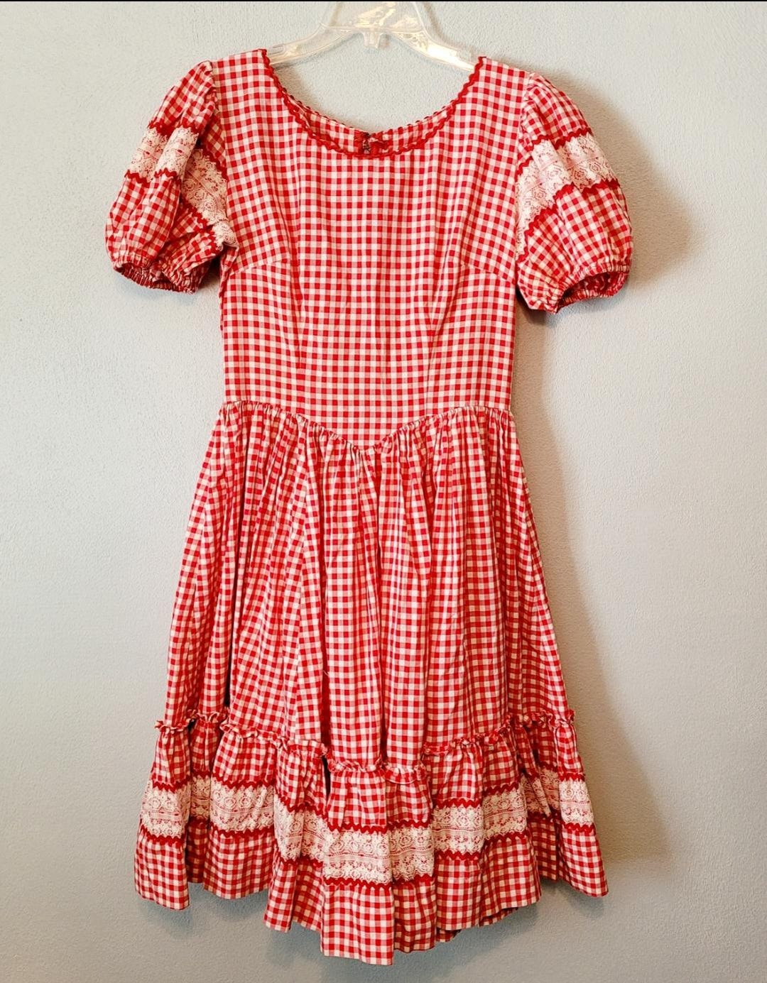 Vintage Handmade Square Dance Dress Red White Checker Lace Ruffle Dance ...
